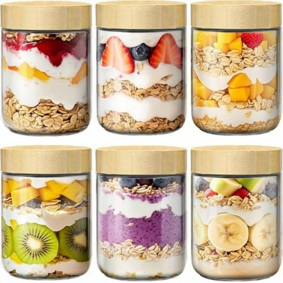 6 Pack 16oz Overnight Oats Containers with Bamboo Lids, Glass Jars with ...