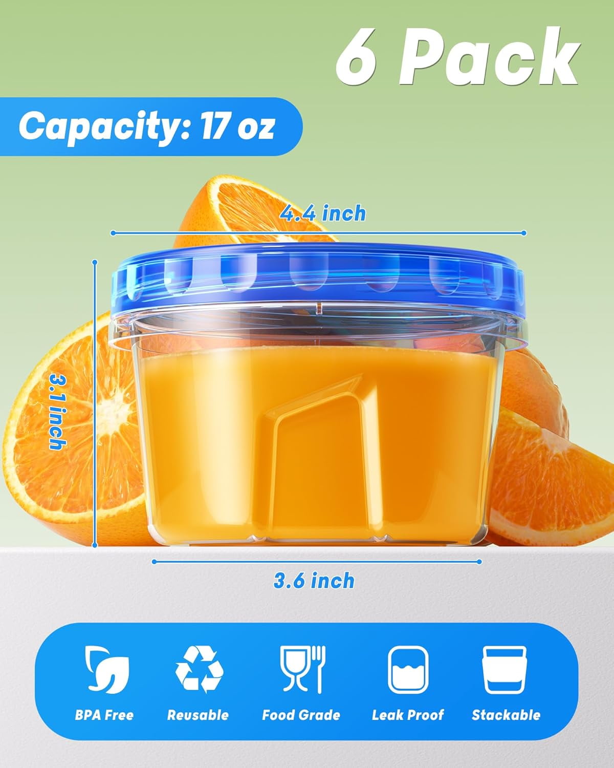 6 Pack-17oz Freezer Storage Containers Plastic Food Storage Containers ...