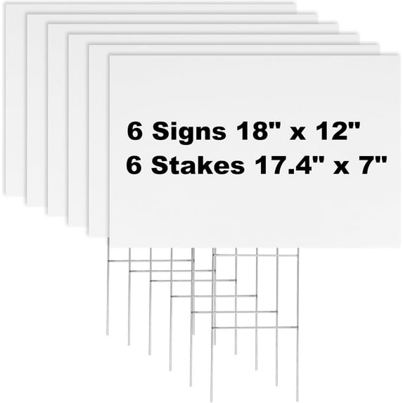 6 Pack 18 x 12 Inches White Corrugated Plastic Yard Sign with Metal ...
