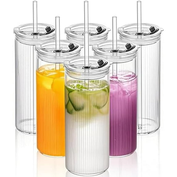 6-Pack 18oz Ribbed Glass Cups with Lids & Straws – Round Textured ...