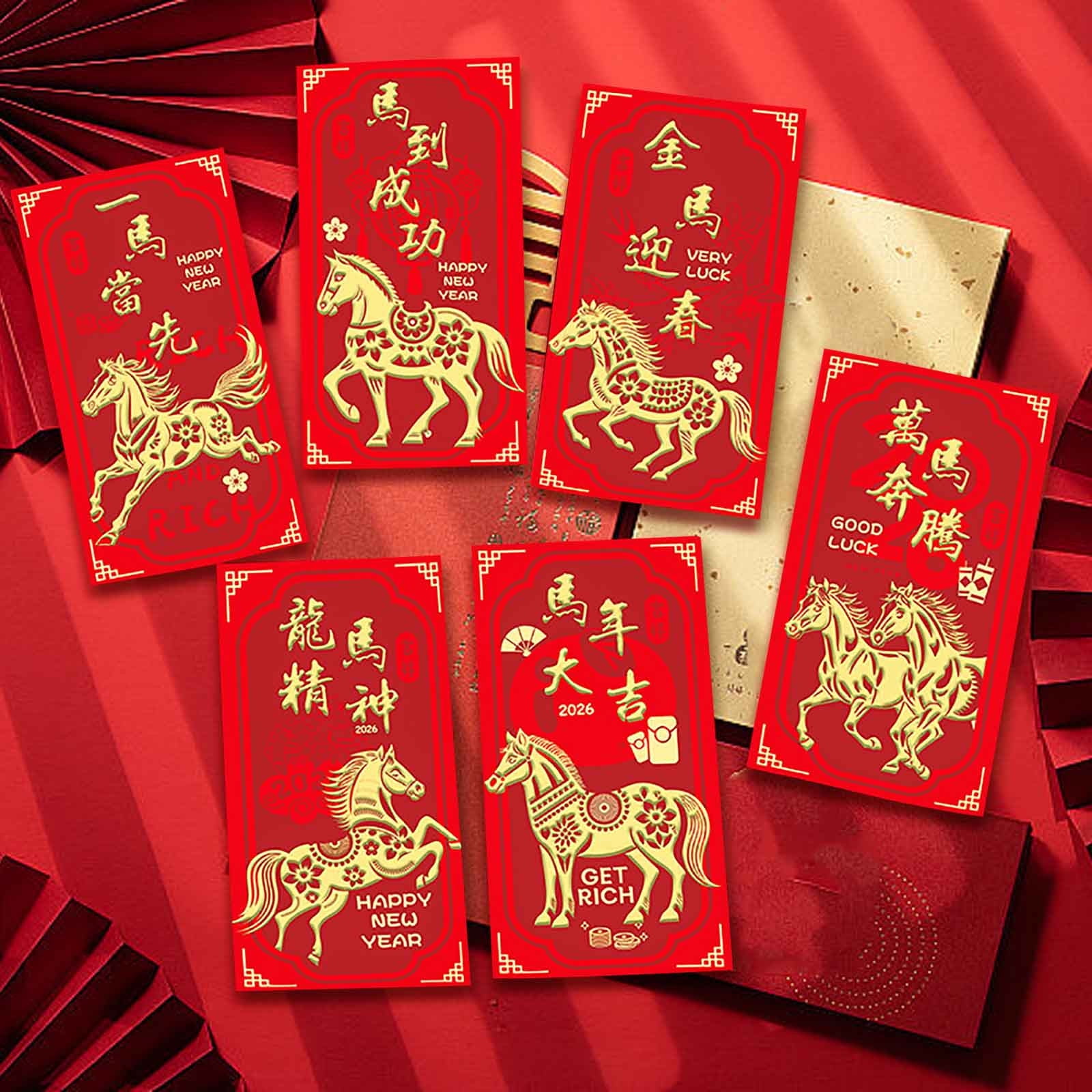6-Pack 2026 Year of the Horse Red Envelopes - Auspicious Horse Prints ...