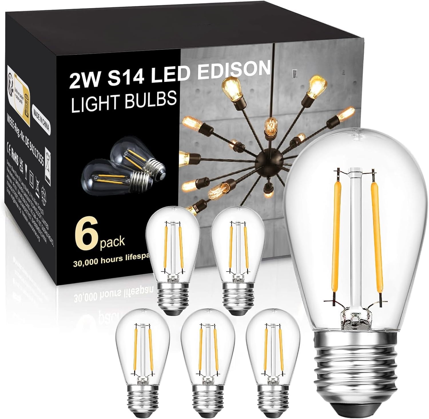 6 Pack 2W LED Light Bulbs,Equivalent to 15W-20W,Low Watt Small S14 ...