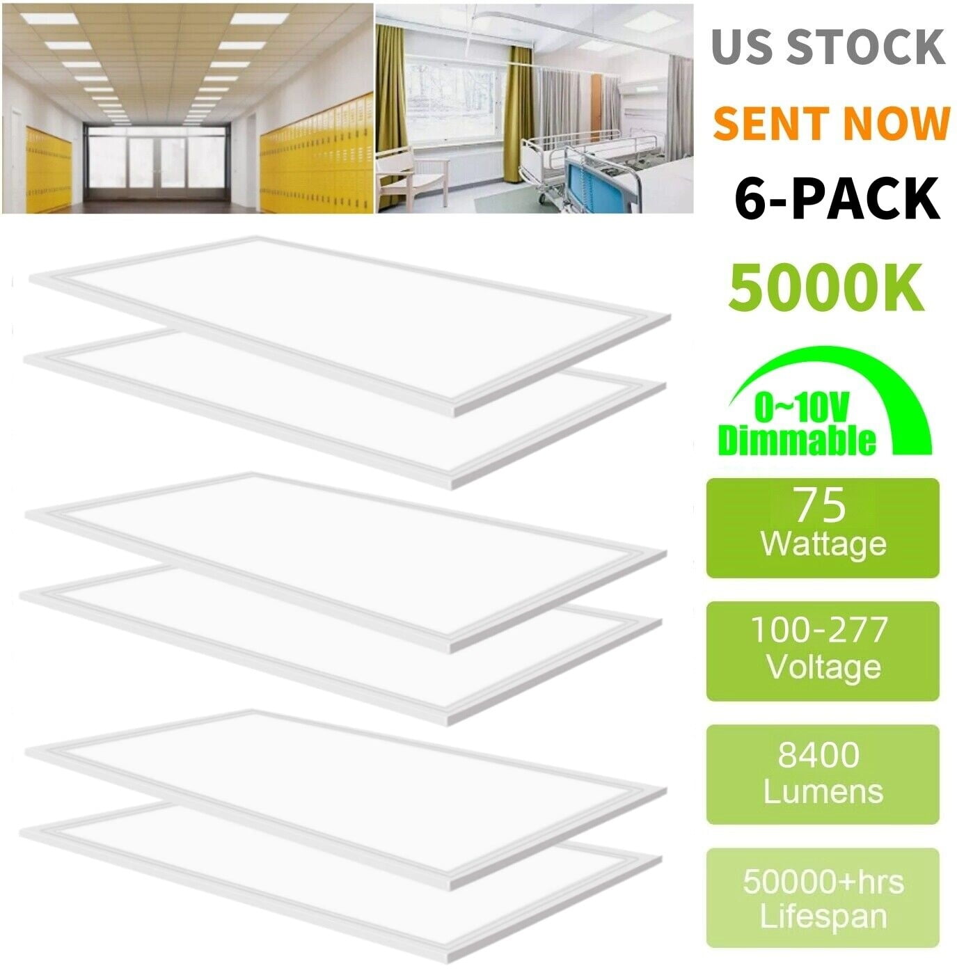 6 Pack 2x4 FT 75W LED Flat Panel Troffer Light,5000K Drop Ceiling ...