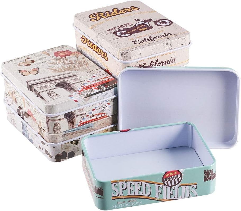6 Pack 3.7x2.7x1 Mixed World Theme Rectangular Tin Plated Cans Storage ...