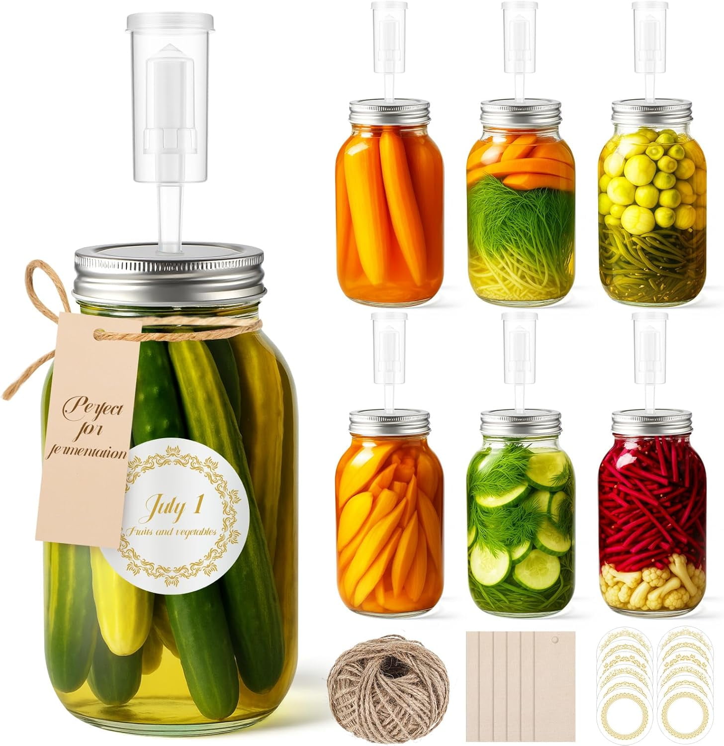 6 Pack 32 oz Fermentation Jar Mason Jars with Lids 0.95 Liter Fermentation Kit with Airlocks ...