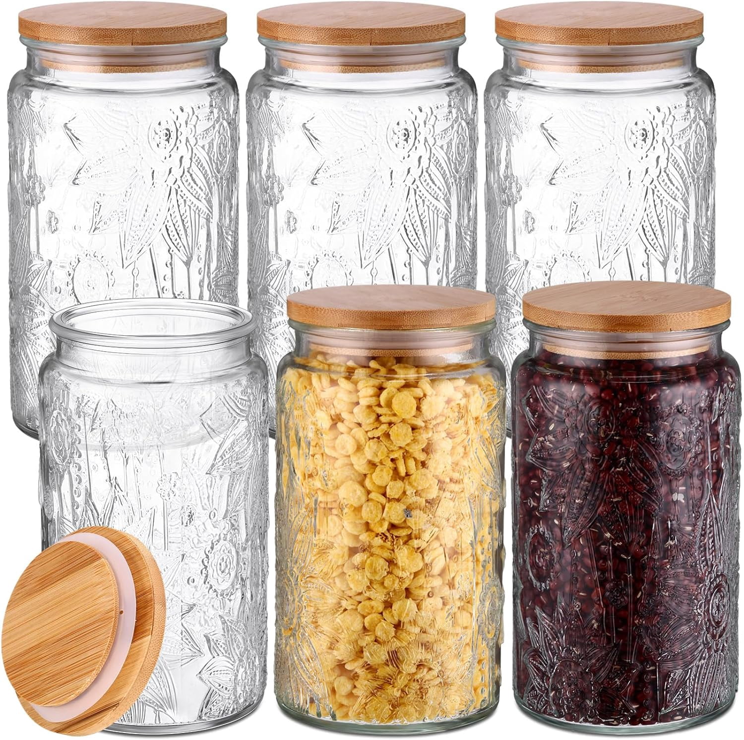 6 Pack 34 oz Vintage Glass Storage Jars with Wooden Lids Airtight Cute ...
