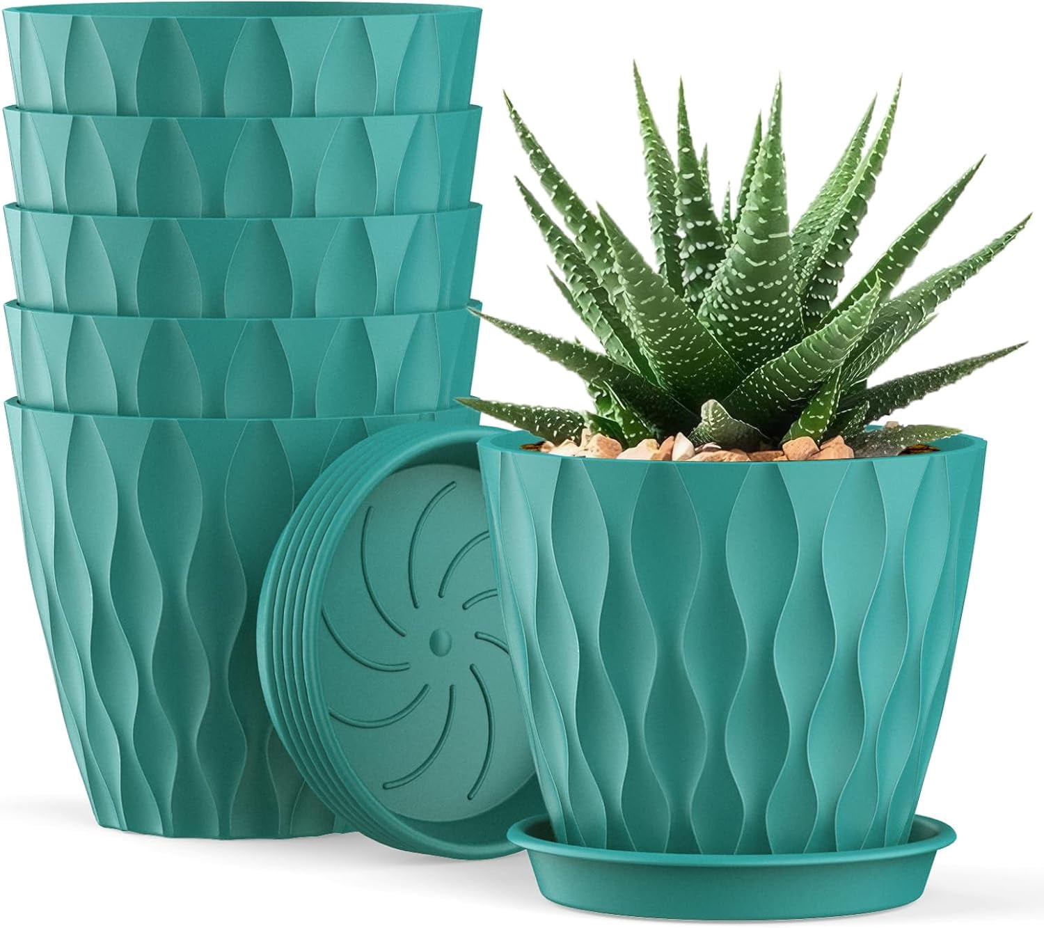 6 Pack 4 Inch Small Plant Pots with Saucers, Waffle Texture Plastic ...