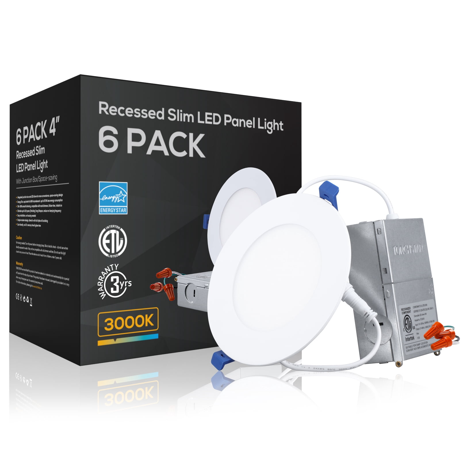 6 Pack 4" LED Recessed Light with J-Box, CRI90, Ultra Thin Panel, 3000K ...