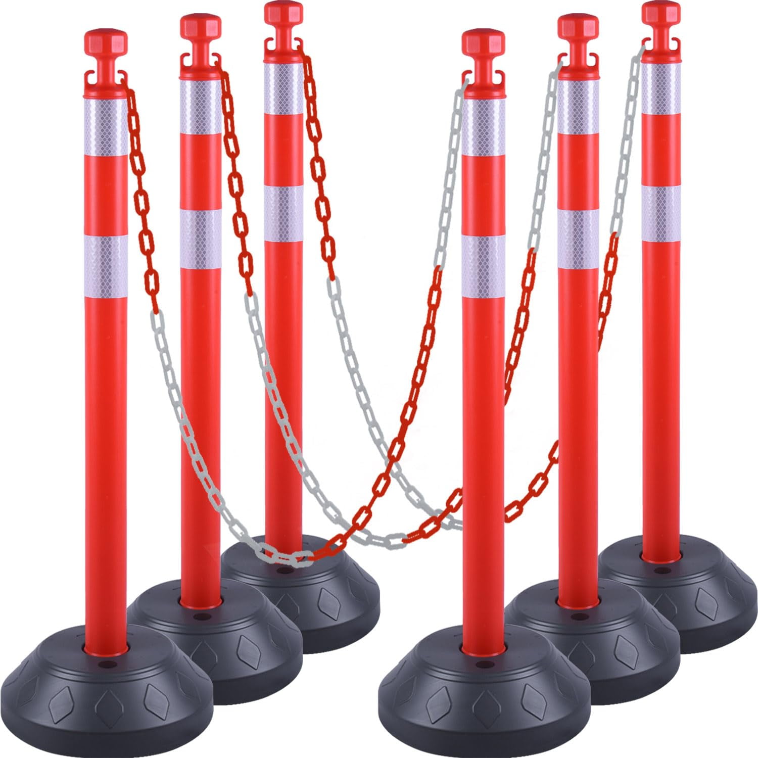 6 Pack 40" inch Work Zone Chain Post Set, Traffic Delineator Post Cones ...
