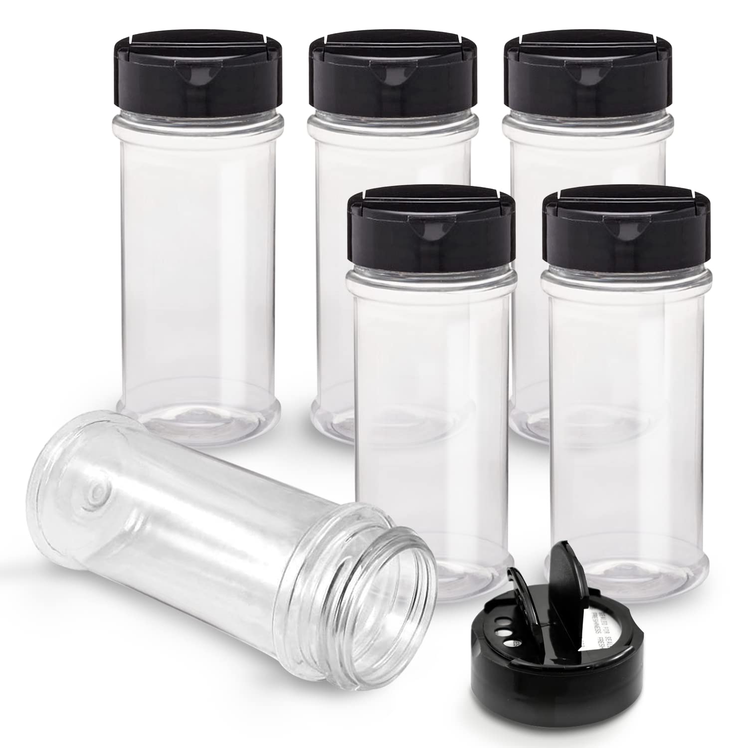 6 Pack 5.5 Oz Plastic Spice Jars with Black Cap, Clear and Safe Plastic ...
