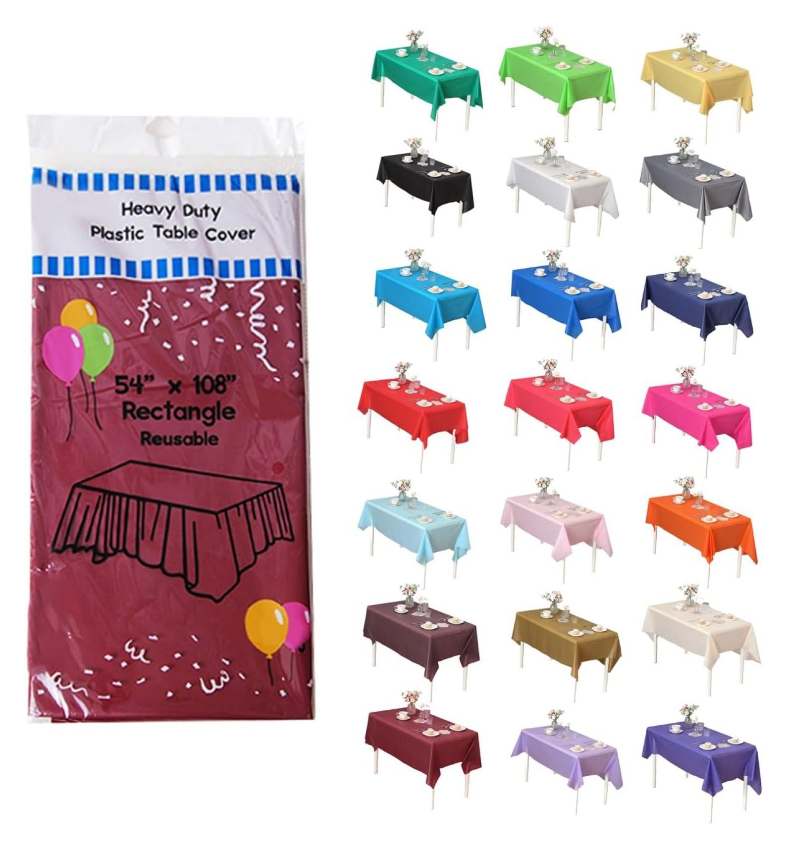 6 Pack 54 x 108 Inch Plastic Table Cover, Burgandy Rectangle Disposable ...