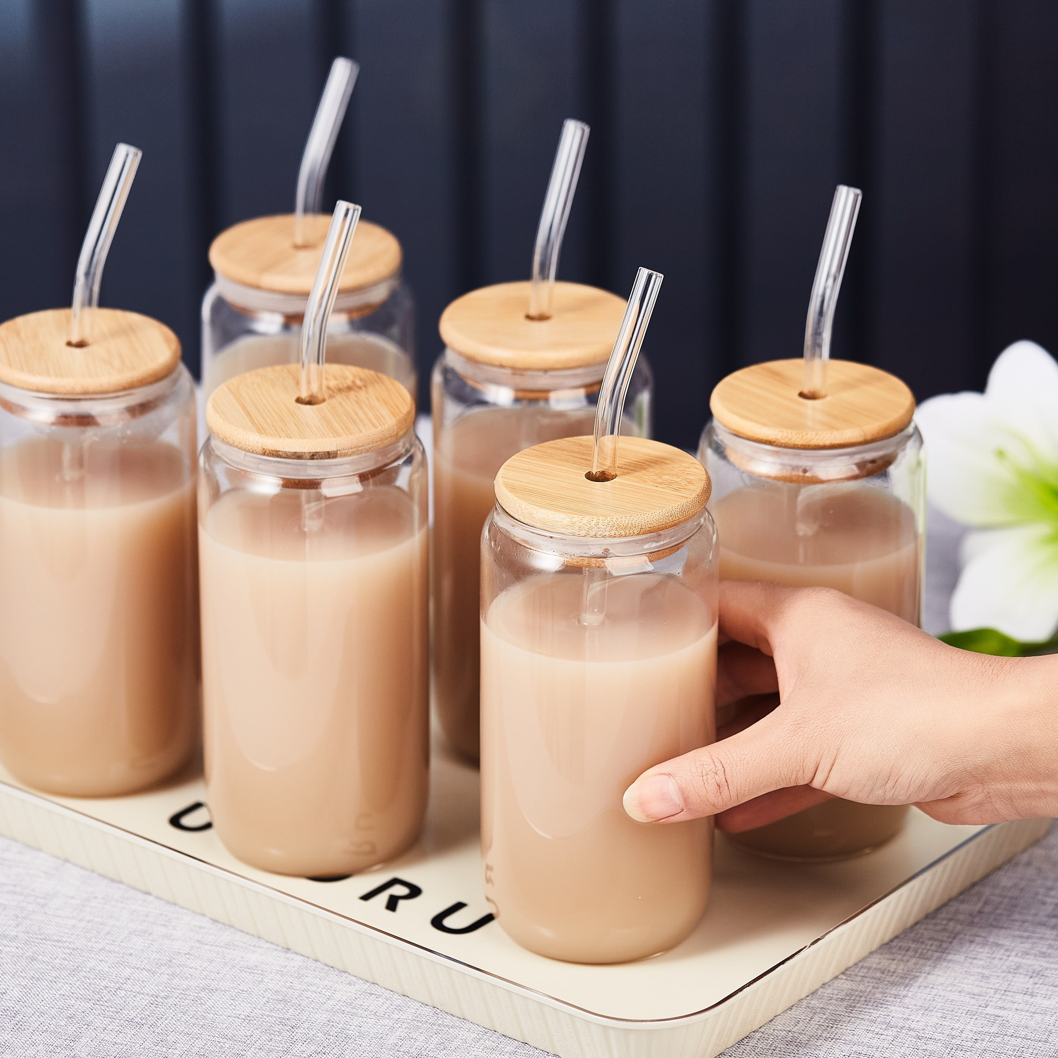 6-Pack 550ml Can-Shaped Glass Cups with Bamboo Lids, Straws & Brushes ...
