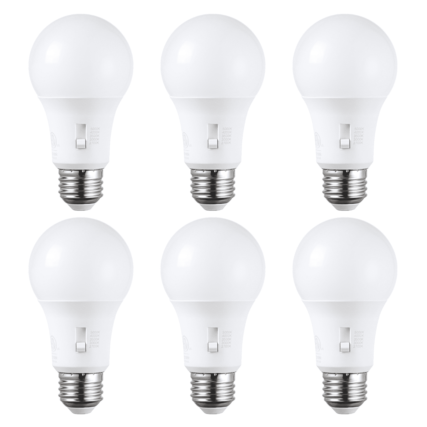 6 Pack 5CCT A19 LED Light Bulb, Dimmable, E26 Base, 2700K/3000K/3500K ...