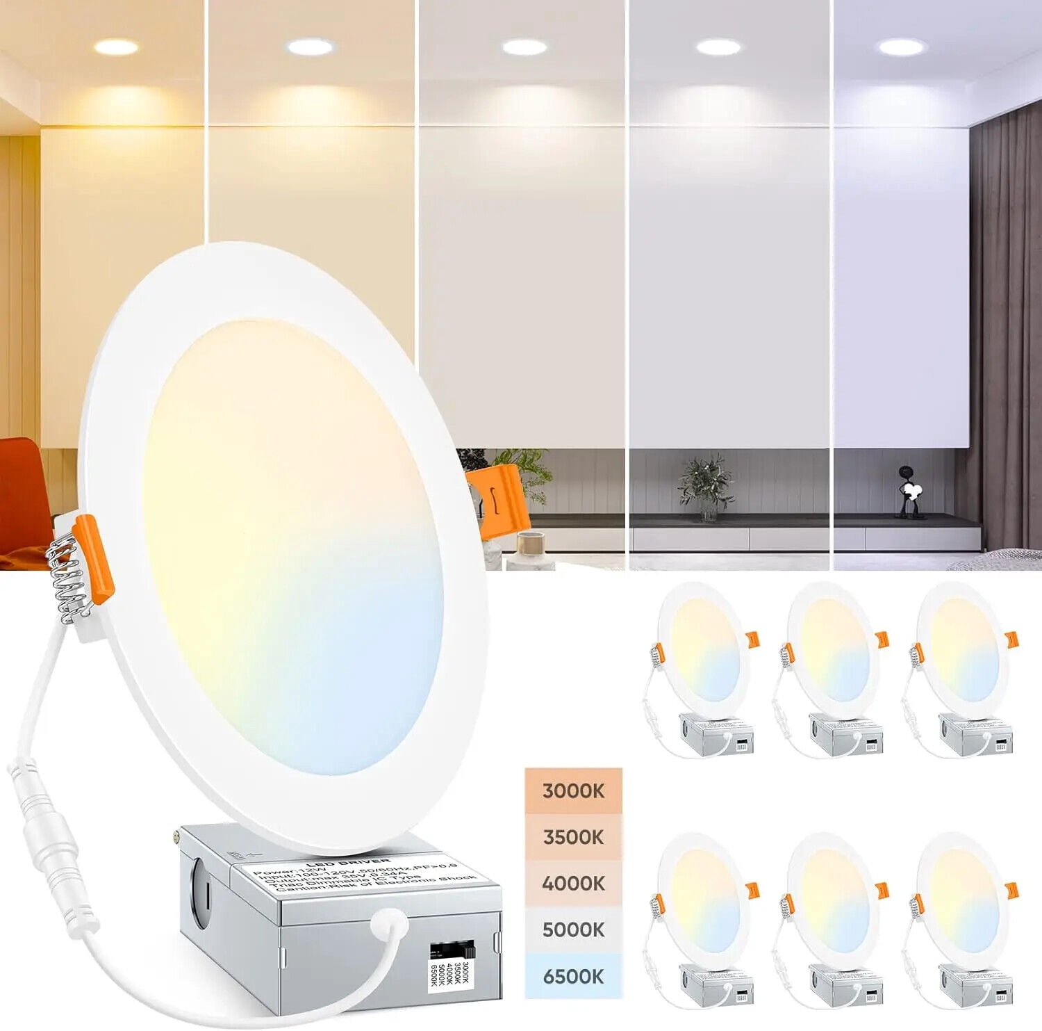 6 Pack 6 Inch 5CCT Ultra-Thin LED Recessed Ceiling Light with Junction ...
