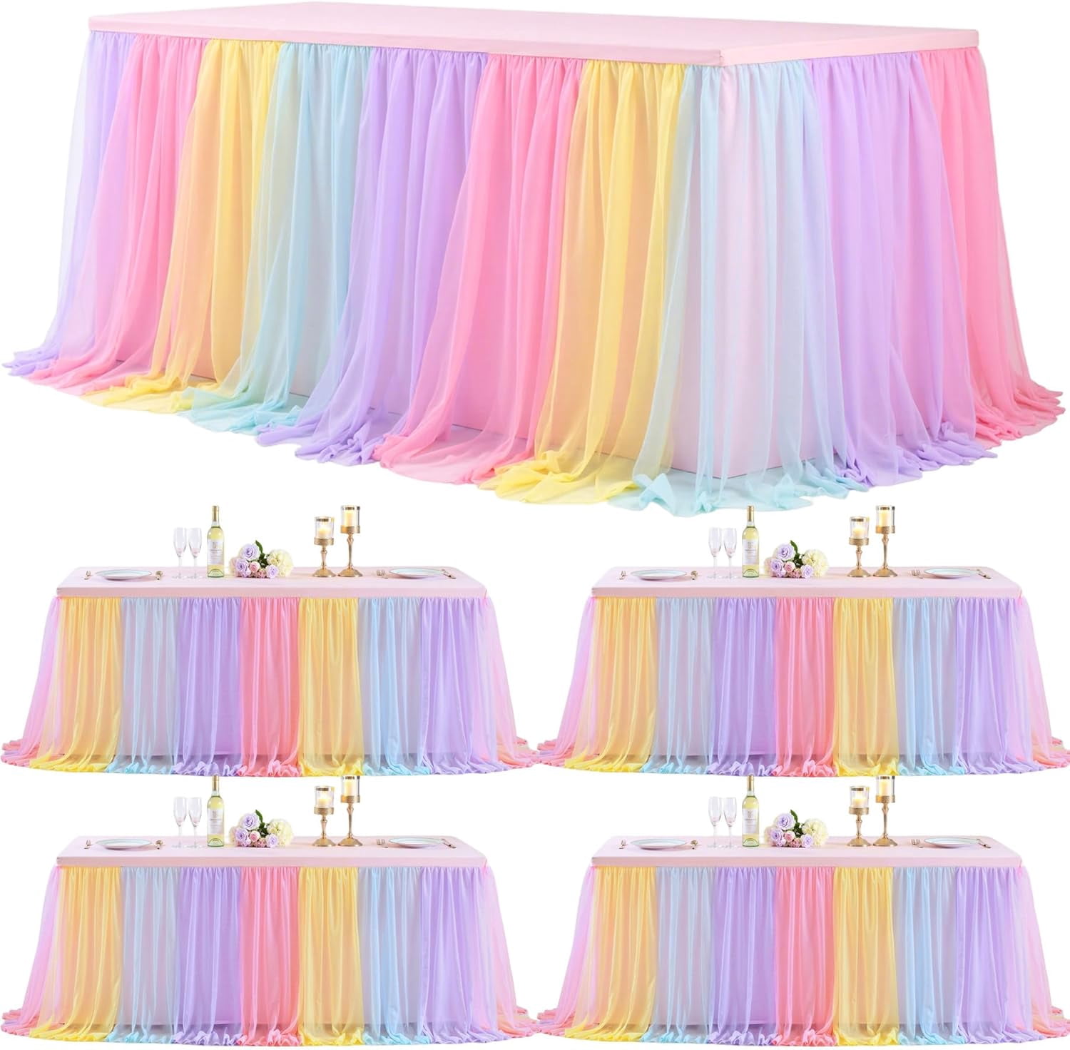 6 Pack 6ft Champagne Tulle Tablecloths for Rectangle Tables 72 x 30 Inch Rectangular Table Cloth ...