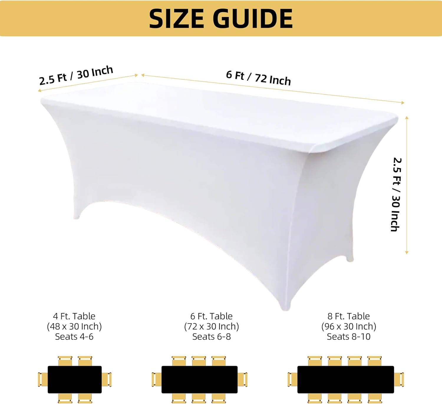 6-Pack 6ft White Spandex Table Covers for Rectangle Standard Folding ...