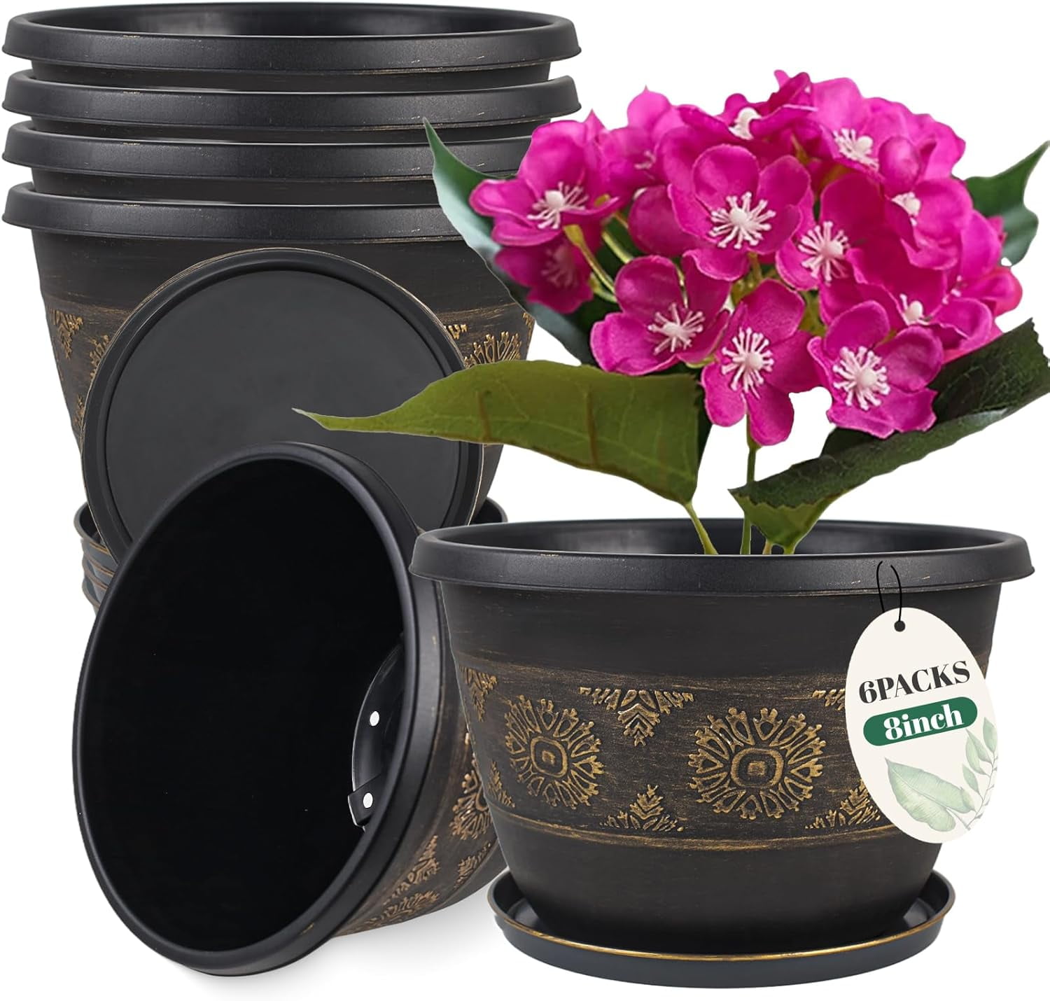 6 Pack 8 inch Plant Pots, Retro Pattern Planters with Drainage Holes ...