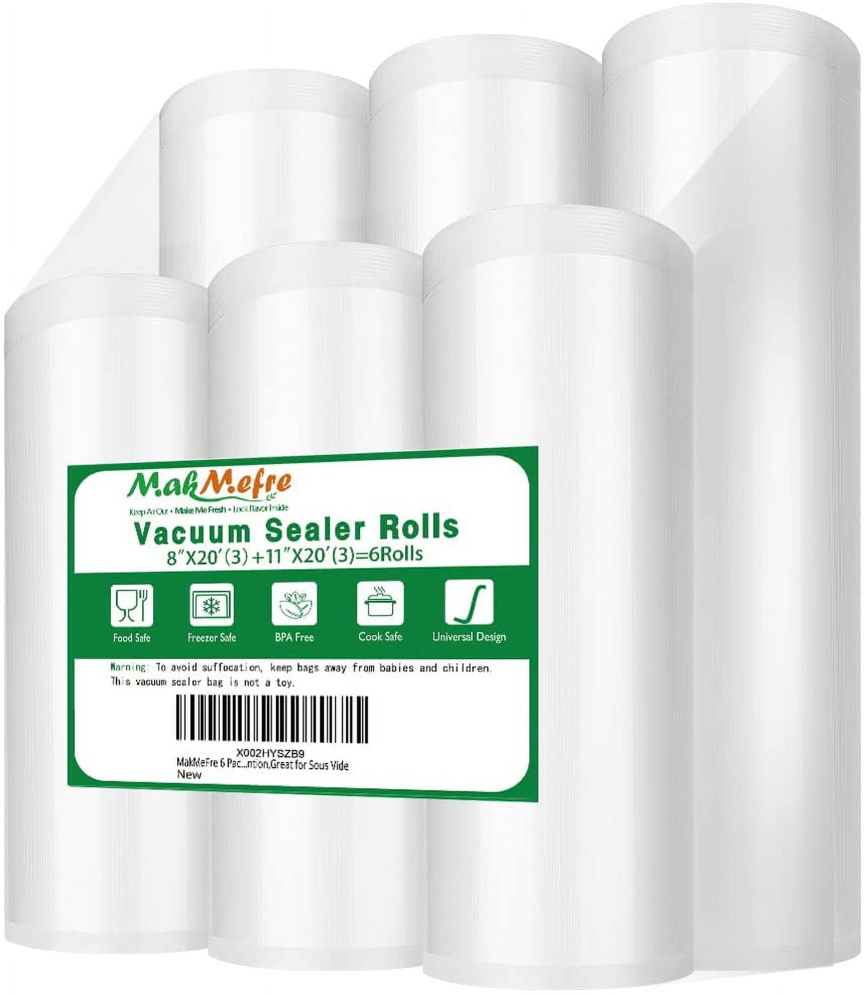 6 Pack 8"x20'(3Rolls) and 11"x20' (3Rolls) Vacuum Sealer Bags Rolls for ...