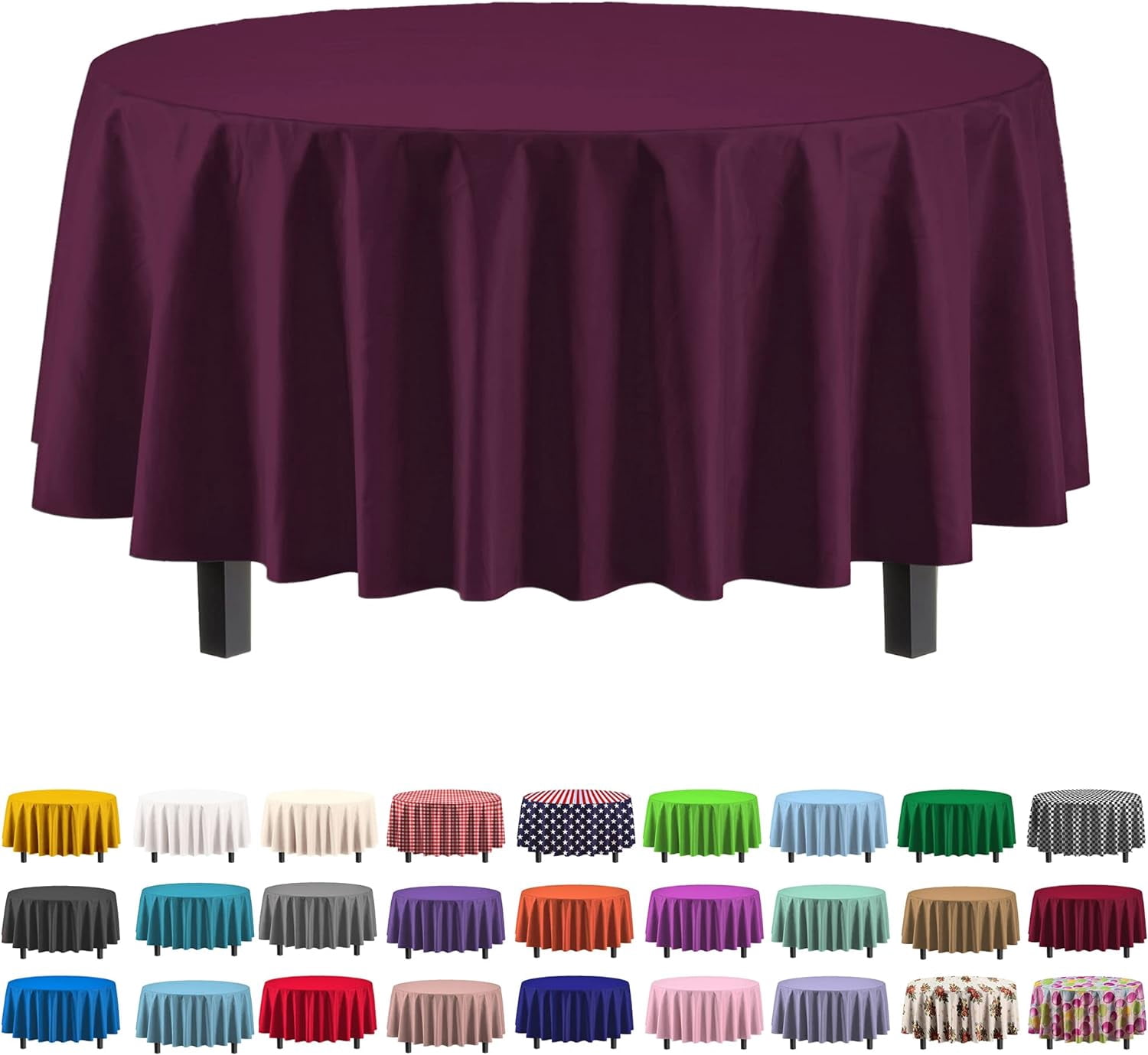 6-Pack 84in Round Premium Plastic Tablecloths - Solid Plum Color ...
