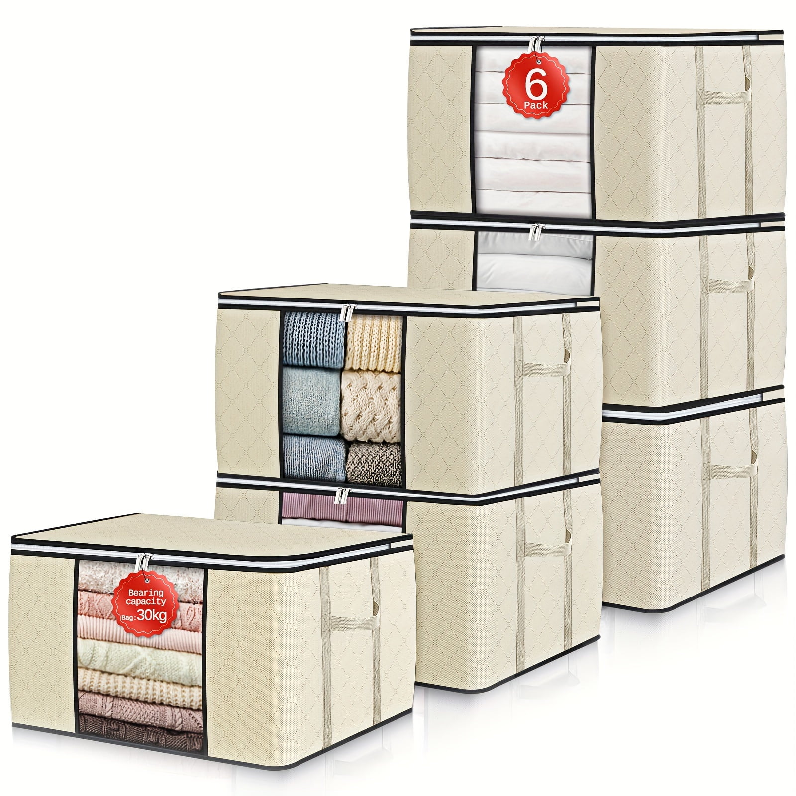 6 Pack 90L Clothes Storage Bags Large Storage Box with Lid Packing ...