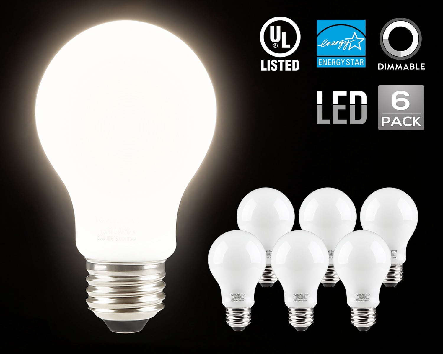 6 Pack 9W LED Dimmable A19 Frosted Glass Filament Light Bulb, 60W ...