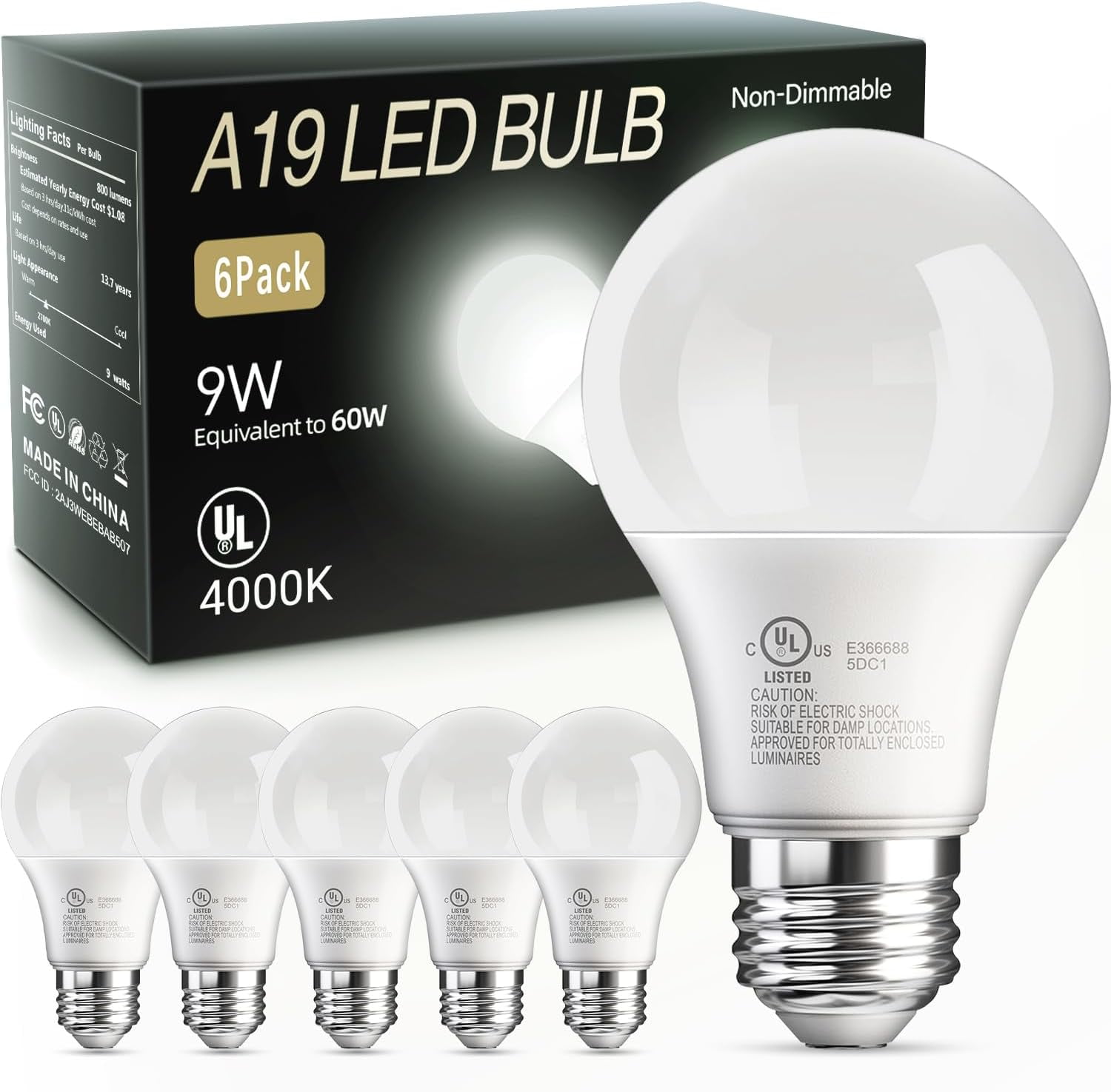6 Pack A19 LED Light Bulbs, 60 Watt Equivt LED Bulb, Efficient 9W, Cool ...