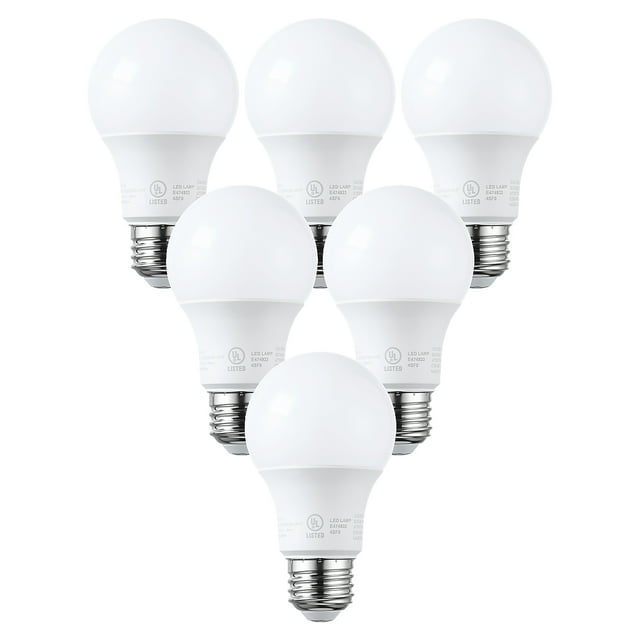 6 Pack A19 LED Light Bulbs 60W Equivalent, UL Listed, Dimmable, 5000K Daylight, E26 Standard ...