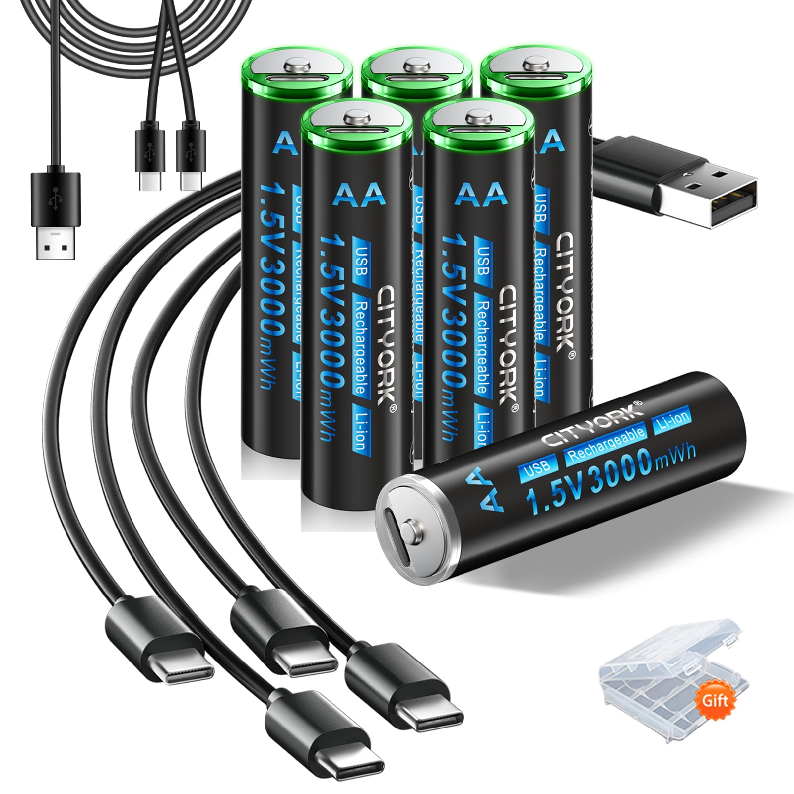6 Pack AA Batteries Type-C USB 3000mWh 1.5V Lithium High Capacity AA ...