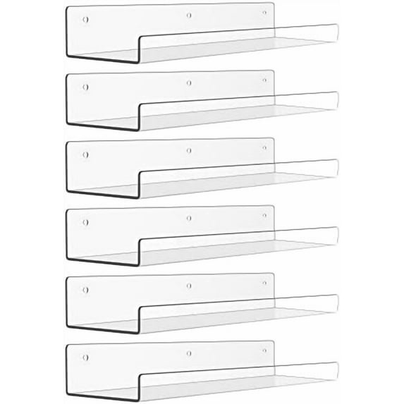 6 Pack Acrylic Shelves for Wall Storage, 15" x 4“ Floating Bookshelves ...