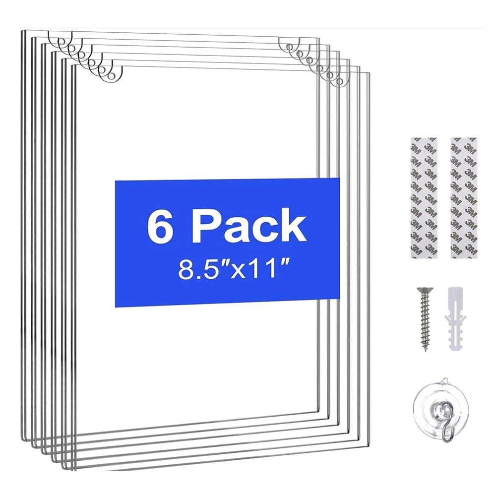 6-Pack Acrylic Wall Sign Holder 8.5x11, Clear Frame, Wall-Mounted, No Drilling - 3M Tape ...