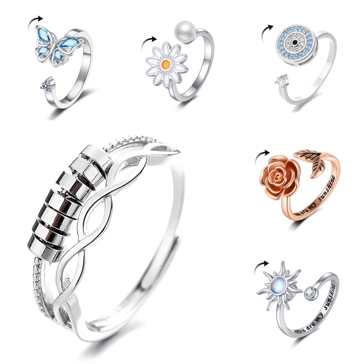 6-Pack Adjustable Spinner Rings for Women - Rotatable Floral Design ...