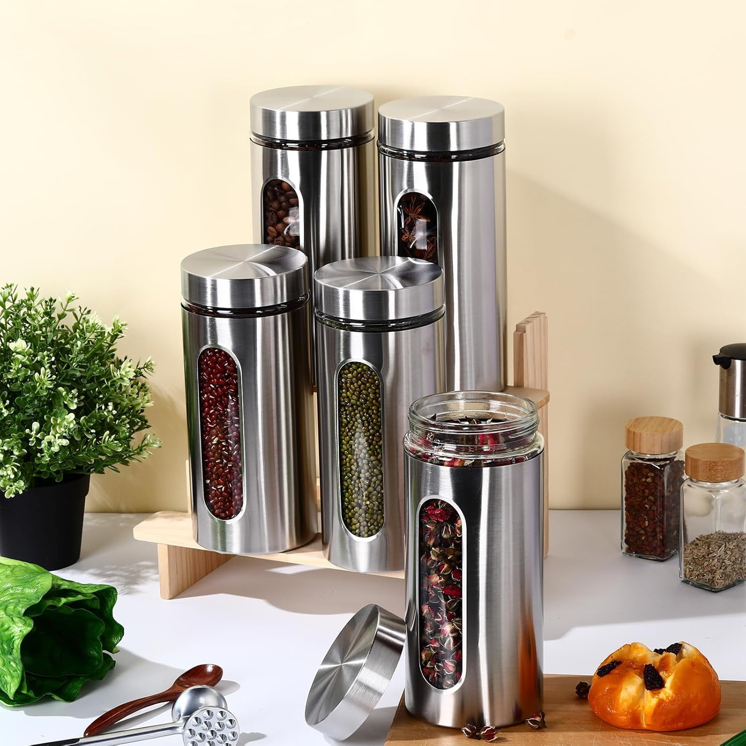 6 Pack Airtight Glass & Stainless Steel Canisters with Windows for ...