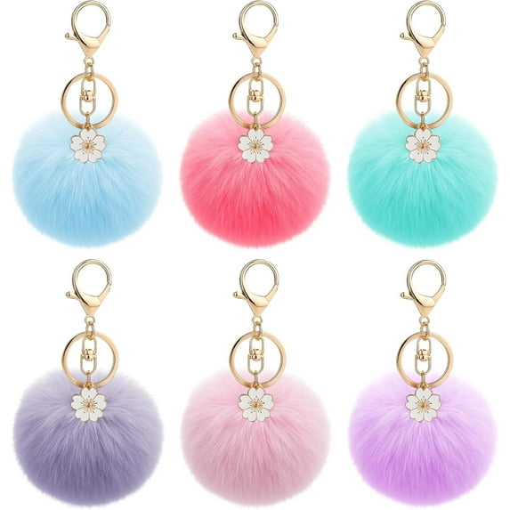 6 Pack Animal Pom Pom Keychain Cute Faux Fur Fluffy Fuzzy Keychain Ball for Girls Women Bag ...