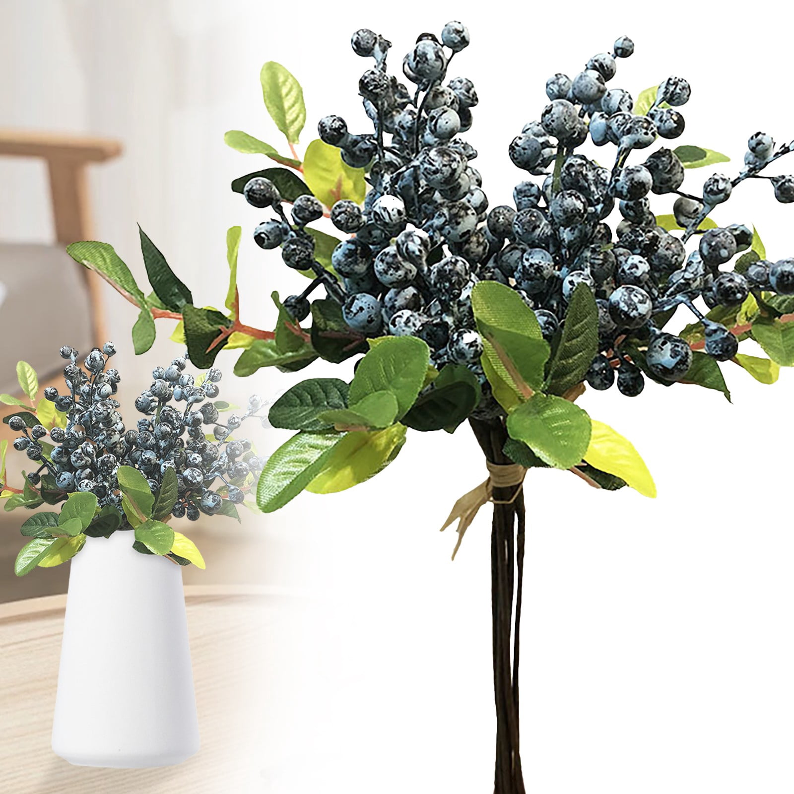 6 Pack Artificial Blueberry Stems Lifelike Fake Berry Picks with Green ...