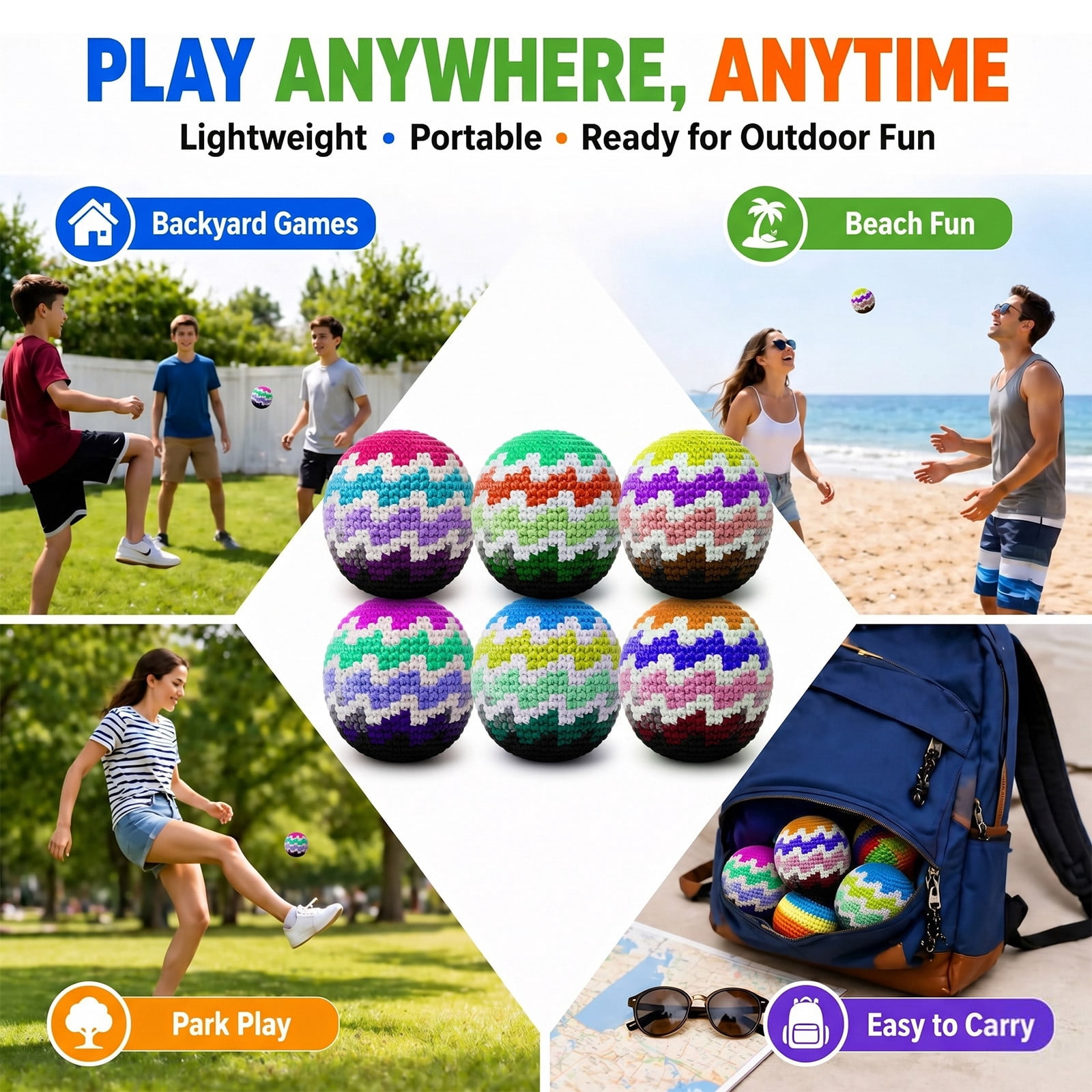 6 Pack Assorted Hand Crochet Hacky Sack Footbag 2.5 Inch, Knitted ...