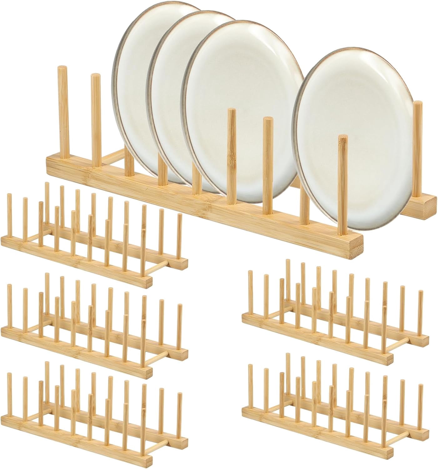 6 Pack Bamboo Dish Dying Rack 8-Slot Wooden Plate Stand Holder Pot Lid ...