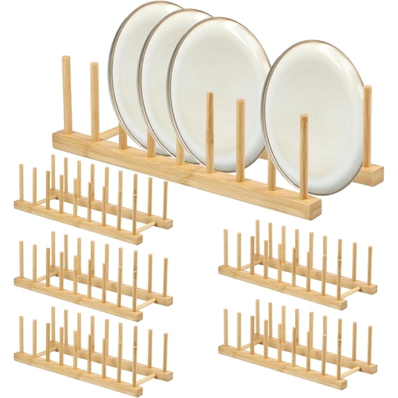 6 Pack Bamboo Dish Dying Rack 8-Slot Wooden Plate Stand Holder Pot Lid ...