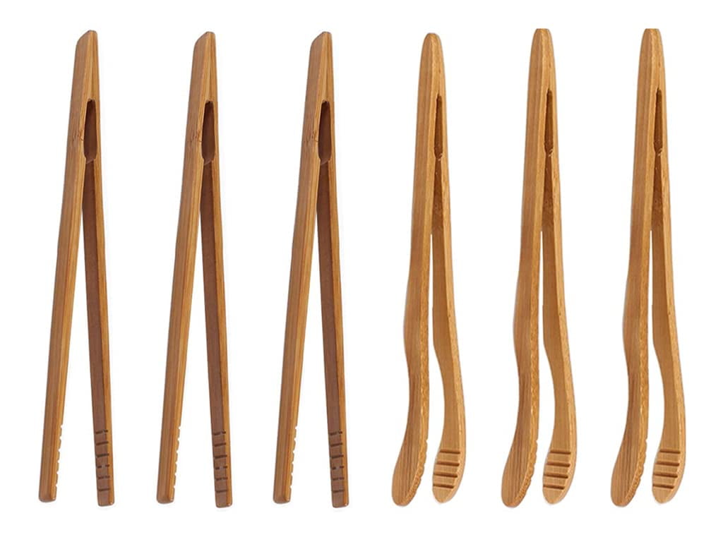 6 Pack Bamboo Toaster Tongs - 7” Reusable Wood Cooking Tongs -Ideal ...