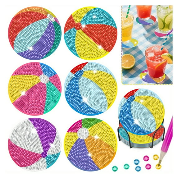 6 Pack Beach Balls Rhinestones Art Painting Coaster Kit Summer Holiday ...