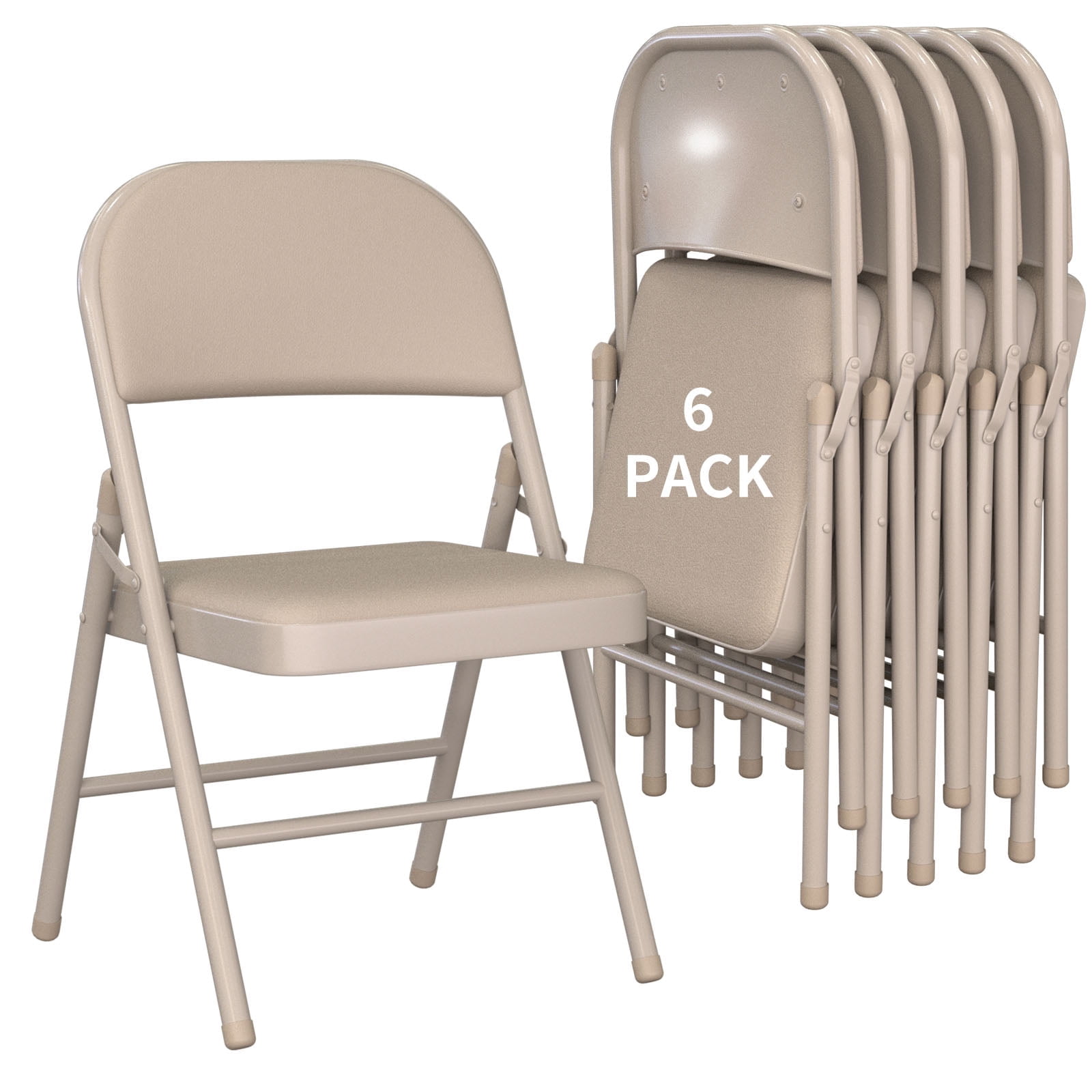 6 Pack Beige Folding Chairs - Leather Padded, Steel Frame, No Tools ...