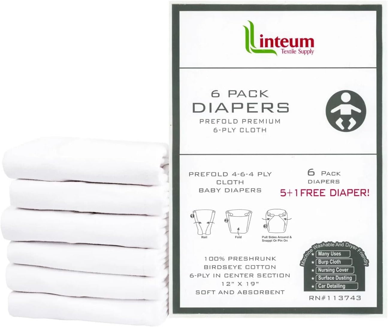 6 Pack Birdseye Prefold Cloth Diapers 6 Ply 12x19 Inches Cloth Diapers ...