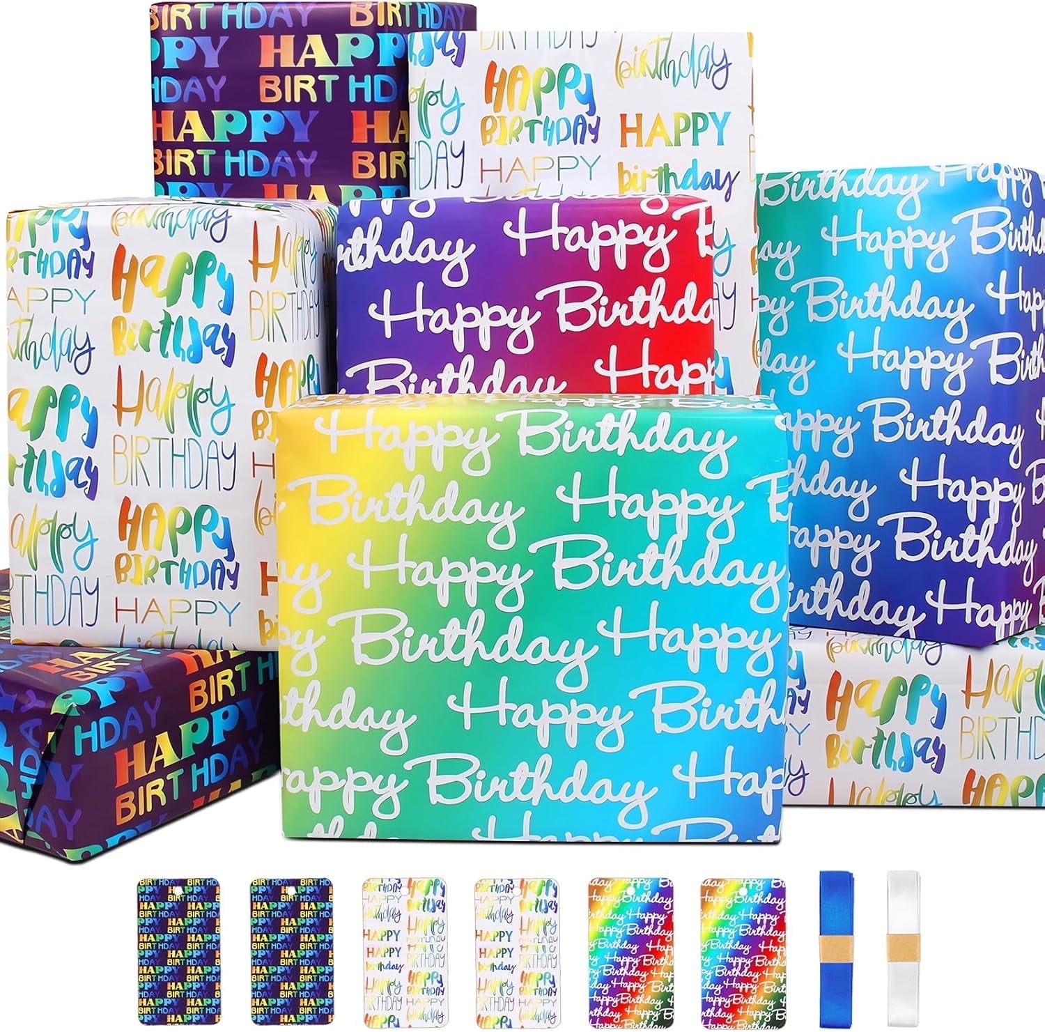 6 Pack Birthday Gift Wrap, Happy Birthday Wrapping Paper with Gift Tag ...