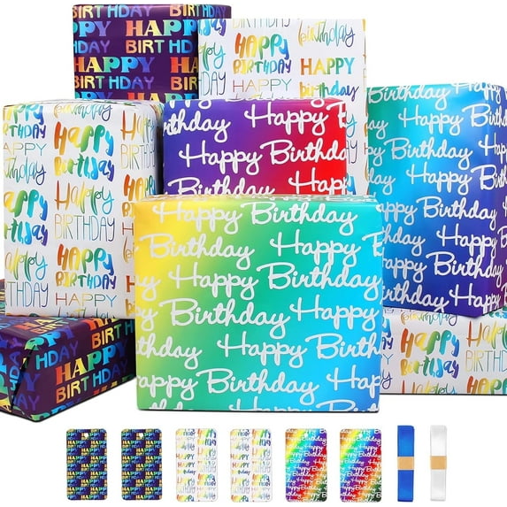 6 Pack Birthday Gift Wrap, Happy Birthday Wrapping Paper with Gift Tag ...