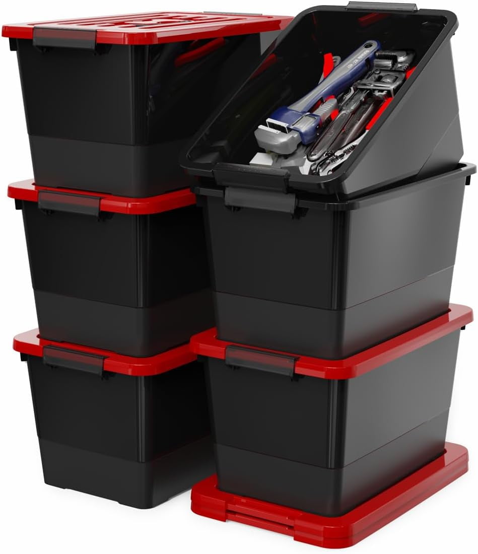 6 Pack Black 32 Quart Stackable Plastic Storage Bins with Red Lids ...