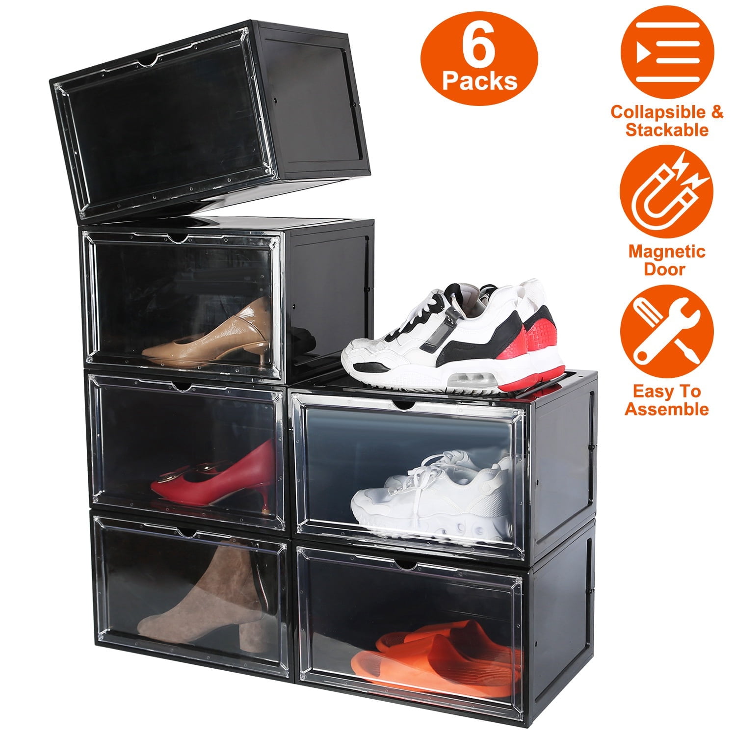 6 Pack Black Shoe Storage Organizer with Magnetic Door TeqHome ...