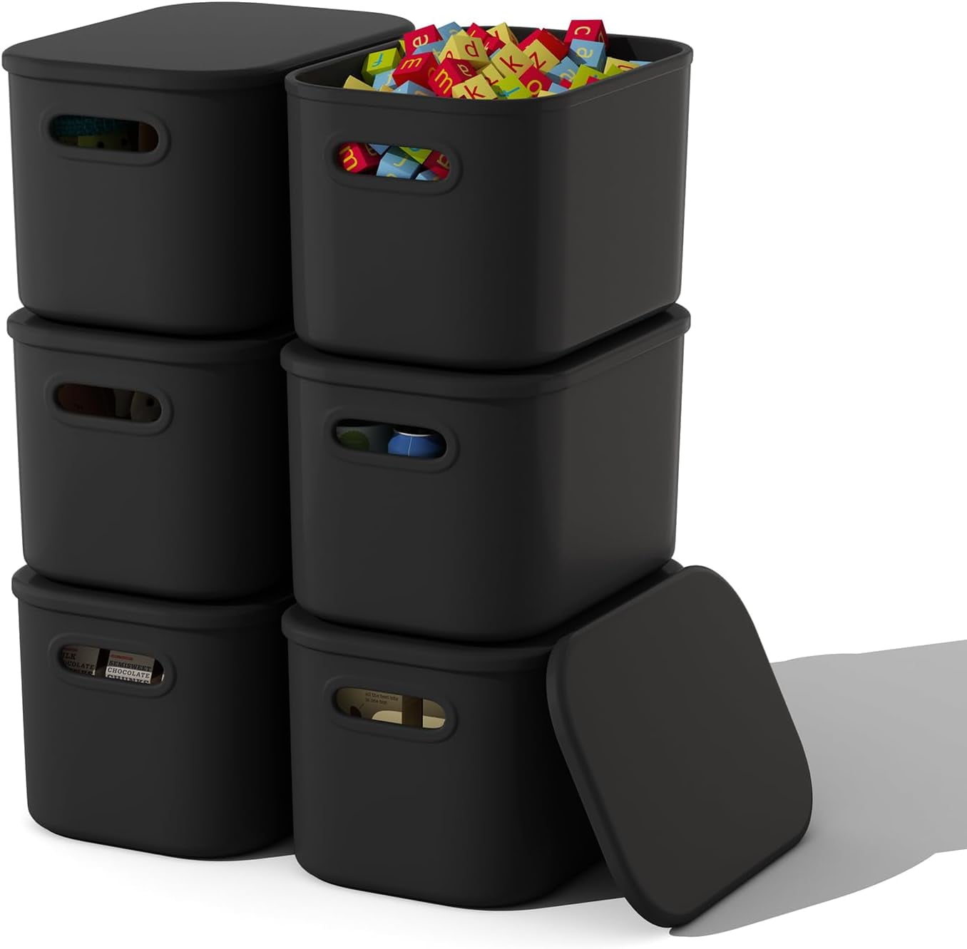 6 Pack Black Storage Bins with Lids Stackable Storage Container for ...