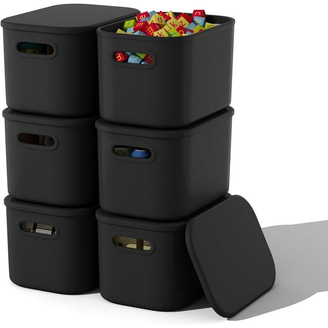 6 Pack Black Storage Bins with Lids Stackable Storage Container for ...