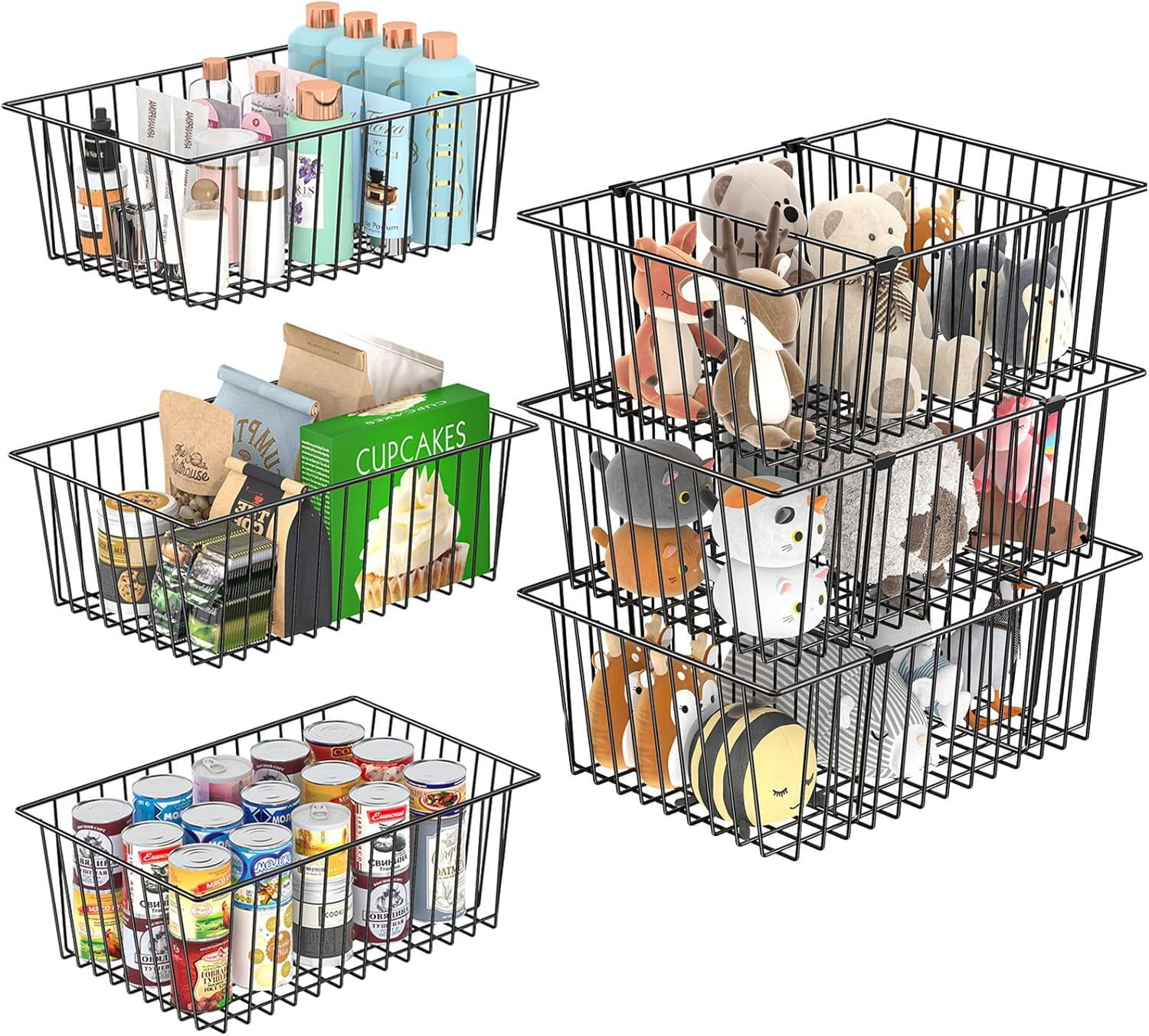6 Pack Black Wire Storage Basket with Dividers, Extra Large 6 Inch Deep ...