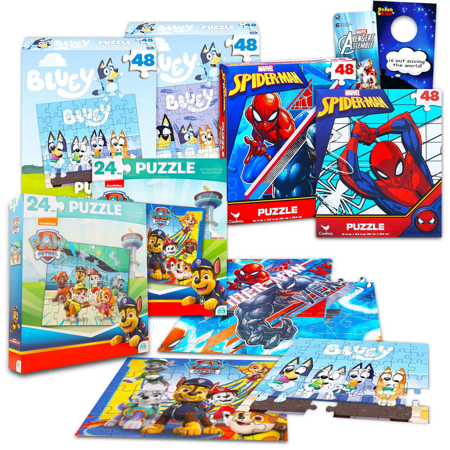 6 Pack Bluey, Spiderman, MMF7 and Paw Patrol 24 Piece Jigsaw Puzzles Set - Bundle with 6 ...