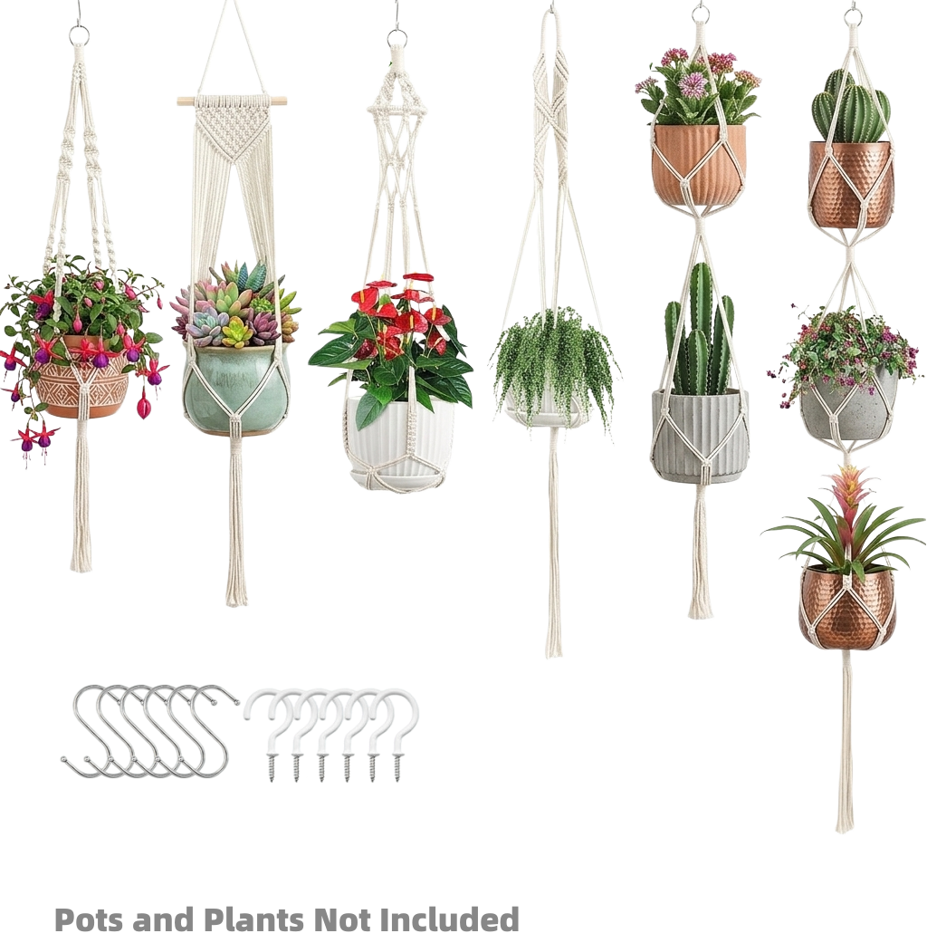 6-Pack Boho Handcrafted Macrame Plant Holder Set, Ivory Hanging Basket ...